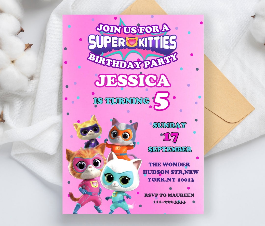 Superkitty Birthday Invitation | Kids Birthday Invite - Etsy