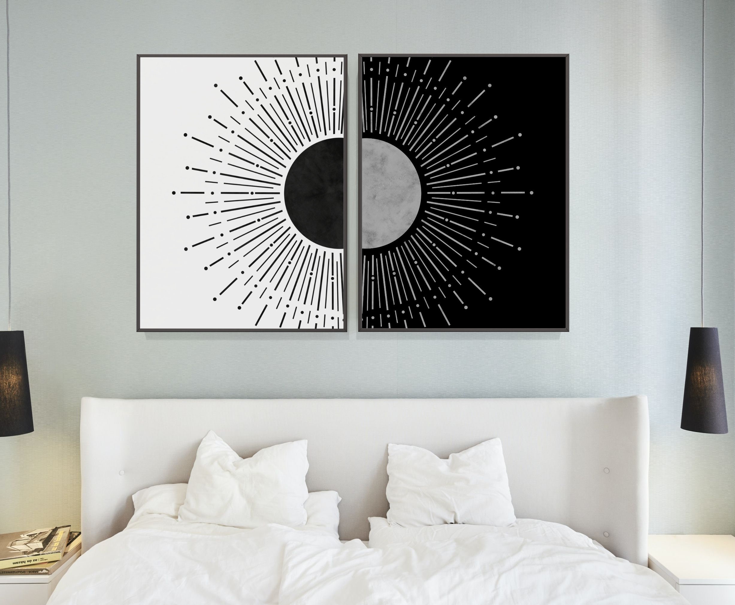 Sun and Moon Wall Art Set of 2, Black and White Minimalist Wall Art ...
