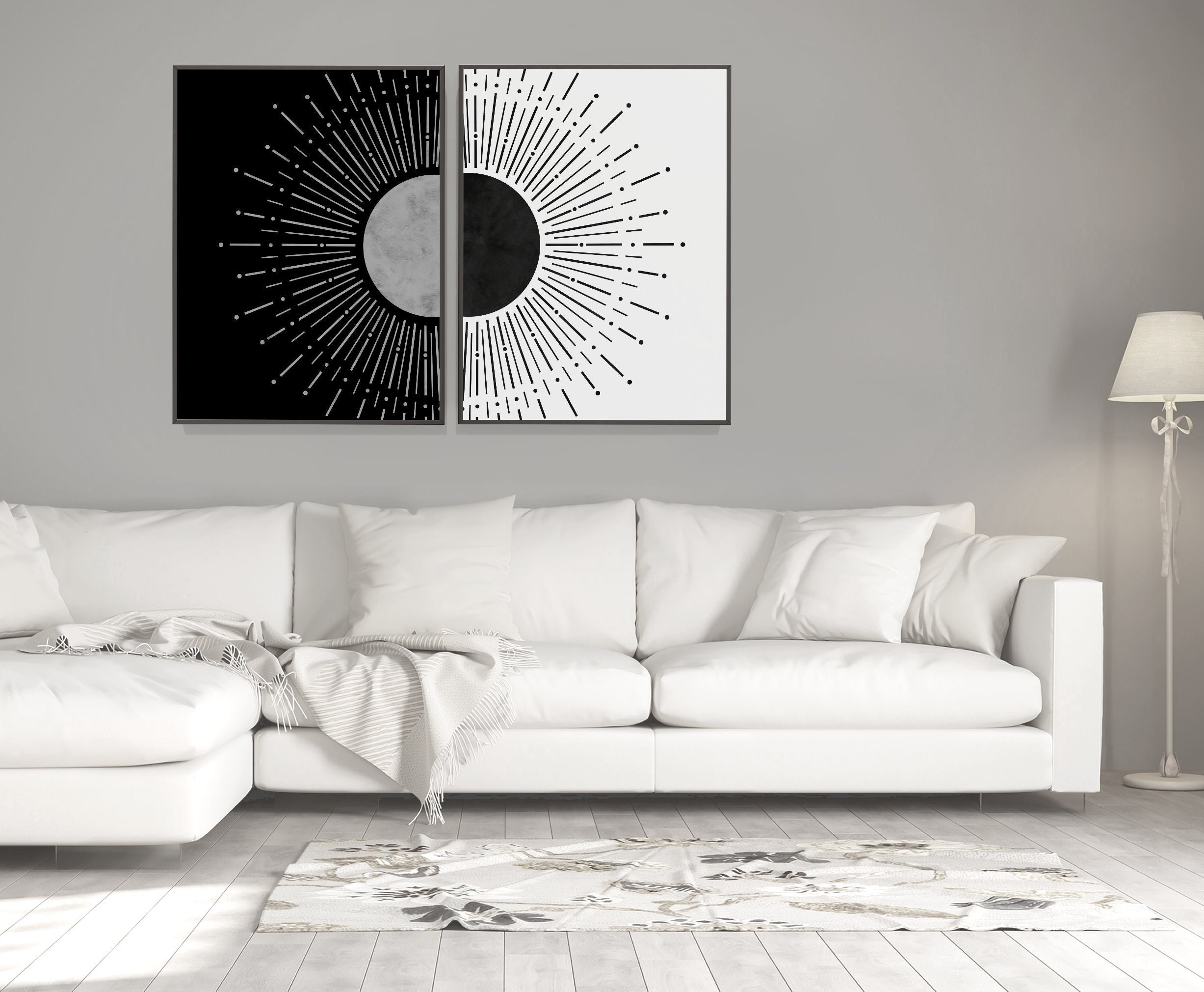 Sun and Moon Wall Art Set of 2, Black and White Minimalist Wall Art ...