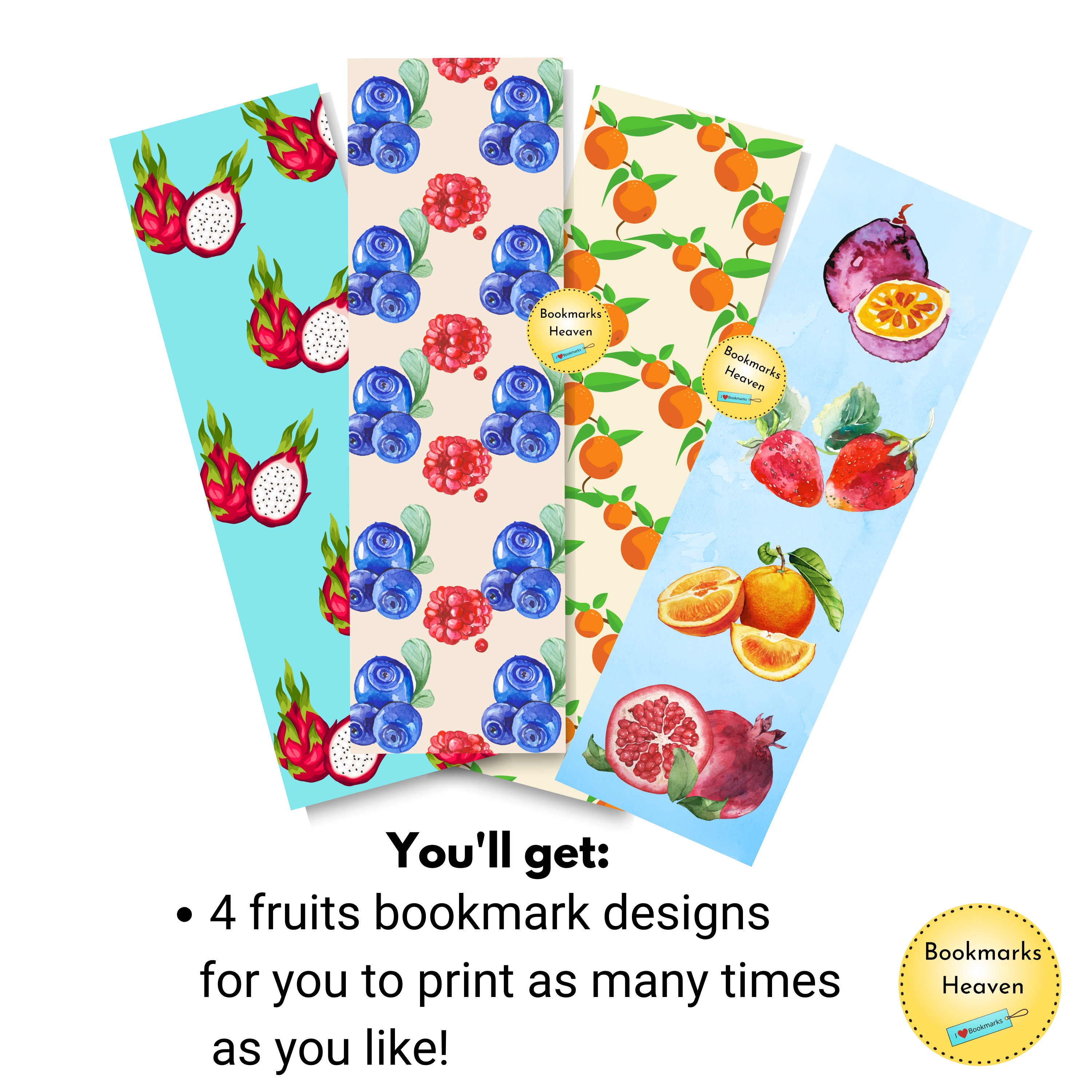 Fun Bookmark Set of 4 Printable, Fruit Bookmarks, Bookclub Gift Ideas ...