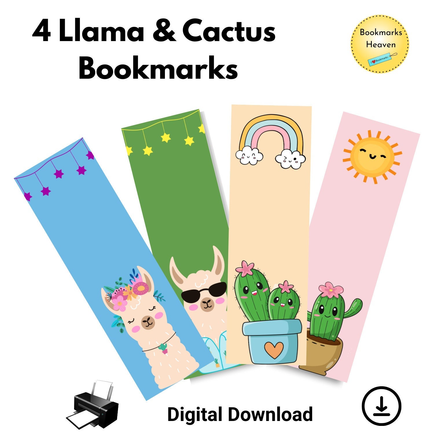 Cactus Bookmark Printable, Cute Llama Bookmarks Digital, Kids Printable ...