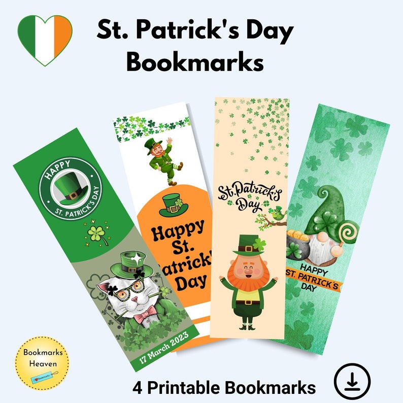 St. Patrick's Day Bookmarks Printable, Shamrock Bookmarks Digital ...
