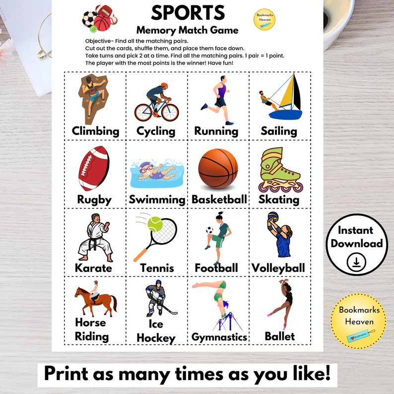 Sports Matching Game, Printable Games for Kids, Montessori Sports Cards ...