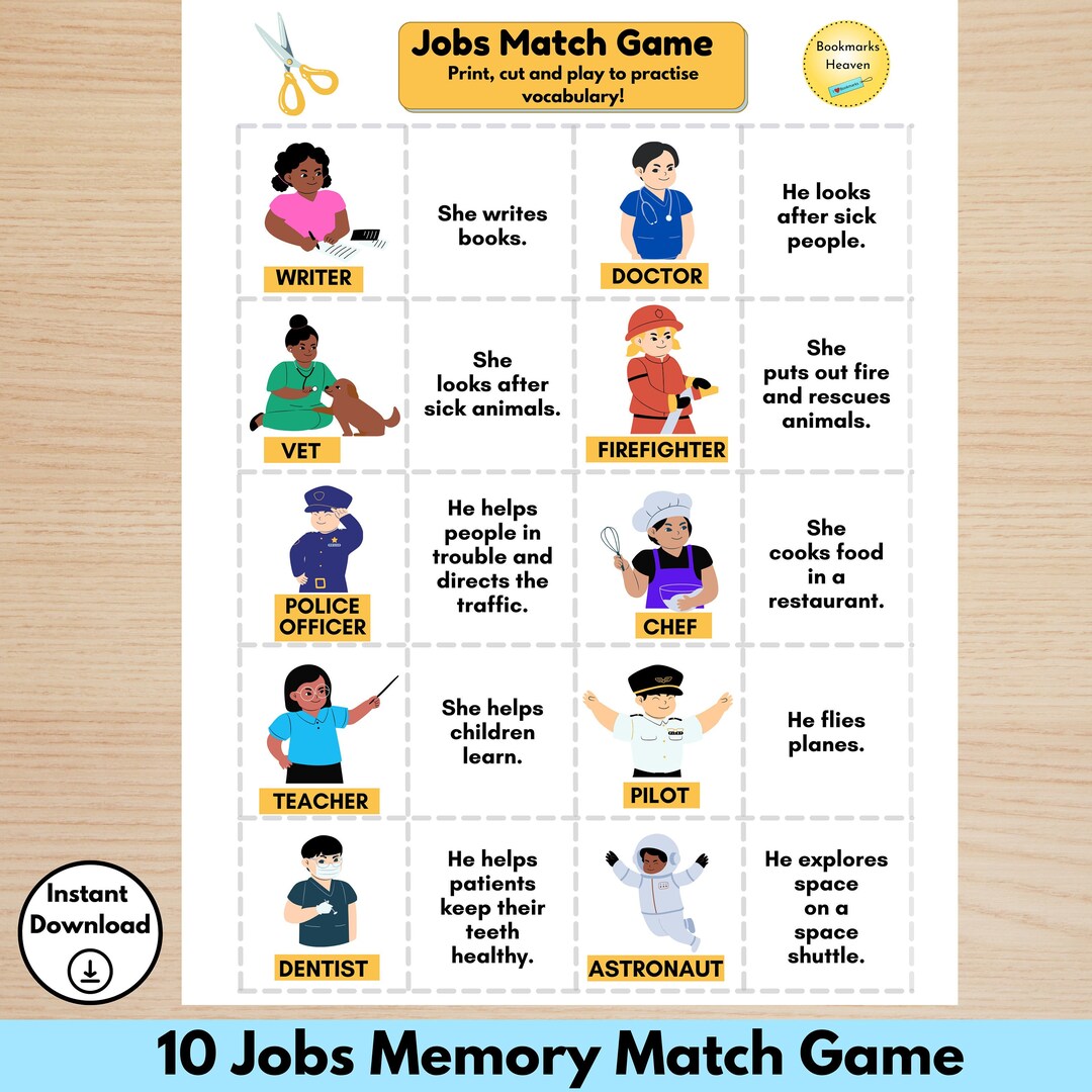 Jobs Memory Match Game, Jobs Cards for Toddlers, Jobs Printable PDF for ...