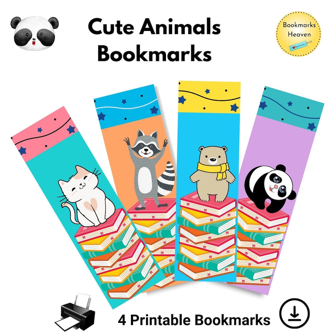 Cute Animals Bookmark Set of 4 Printable, Panda Bookmark DIY, Book ...