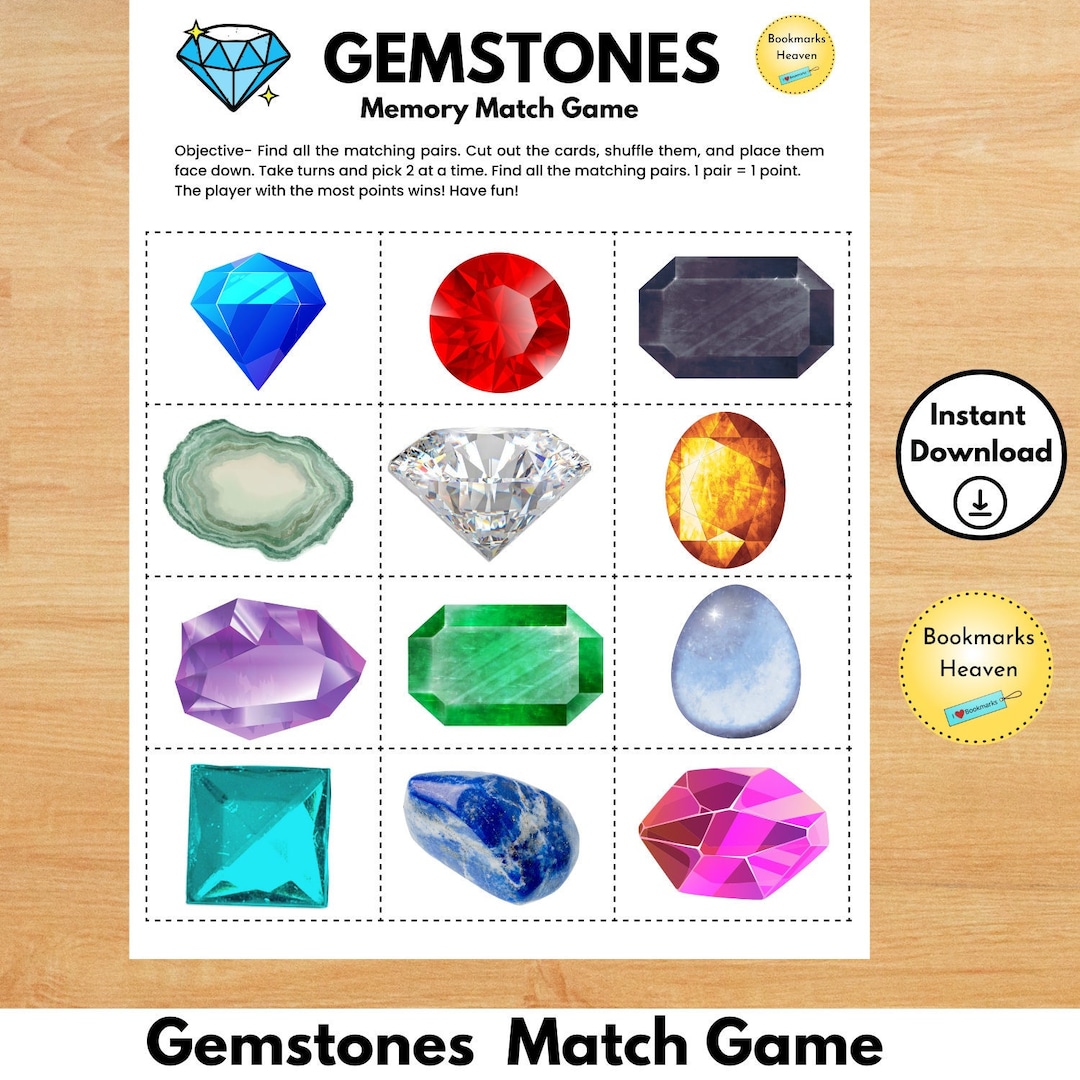 Gemstone Match Game- Set of 12 Cards, Printable Gemstone Activity ...