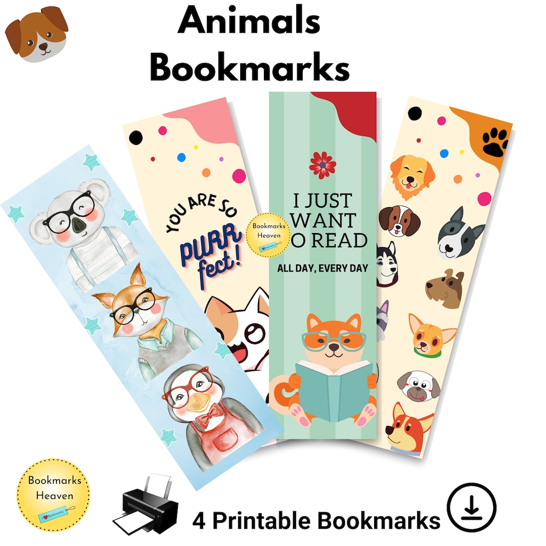 Animal Bookmark Set of 4 Printable,fun Animal Lover Gift, Bookclub Gift ...
