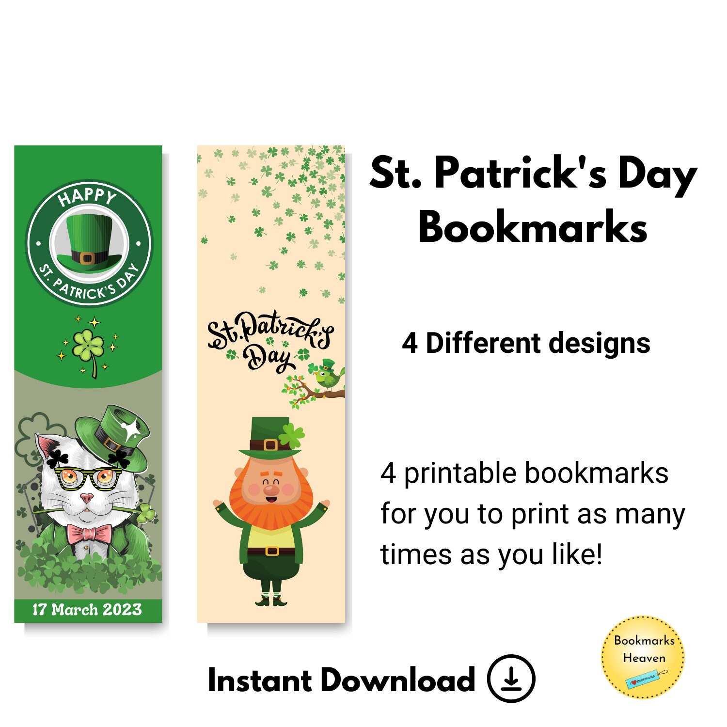 St. Patrick's Day Bookmarks Printable, Shamrock Bookmarks Digital ...