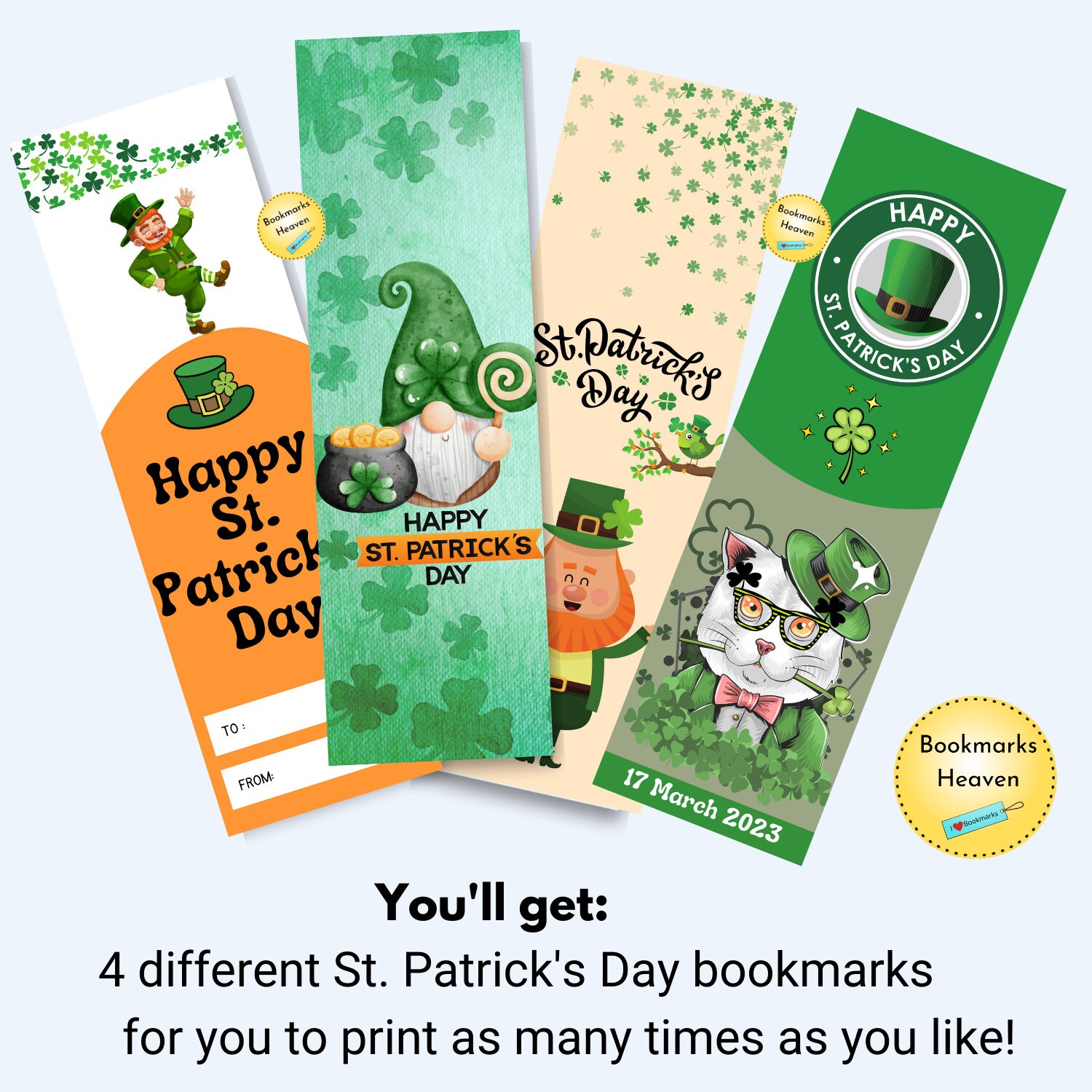 St. Patrick's Day Bookmarks Printable, Shamrock Bookmarks Digital ...