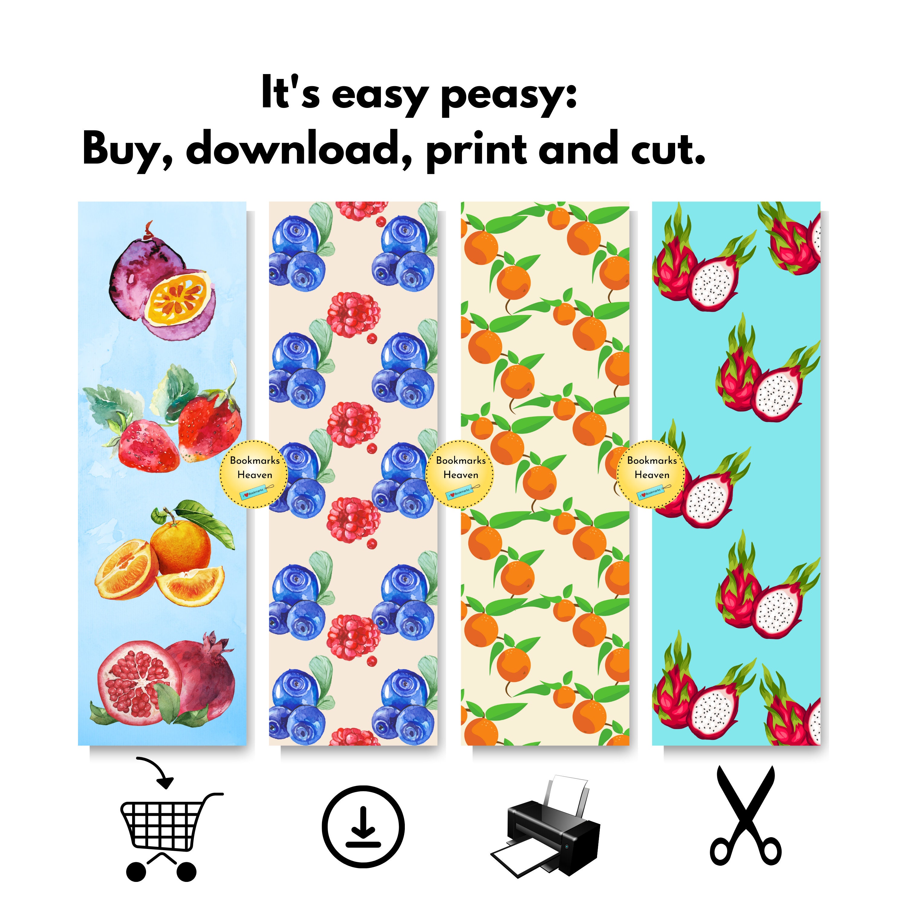 Fun Bookmark Set of 4 Printable, Fruit Bookmarks, Bookclub Gift Ideas ...
