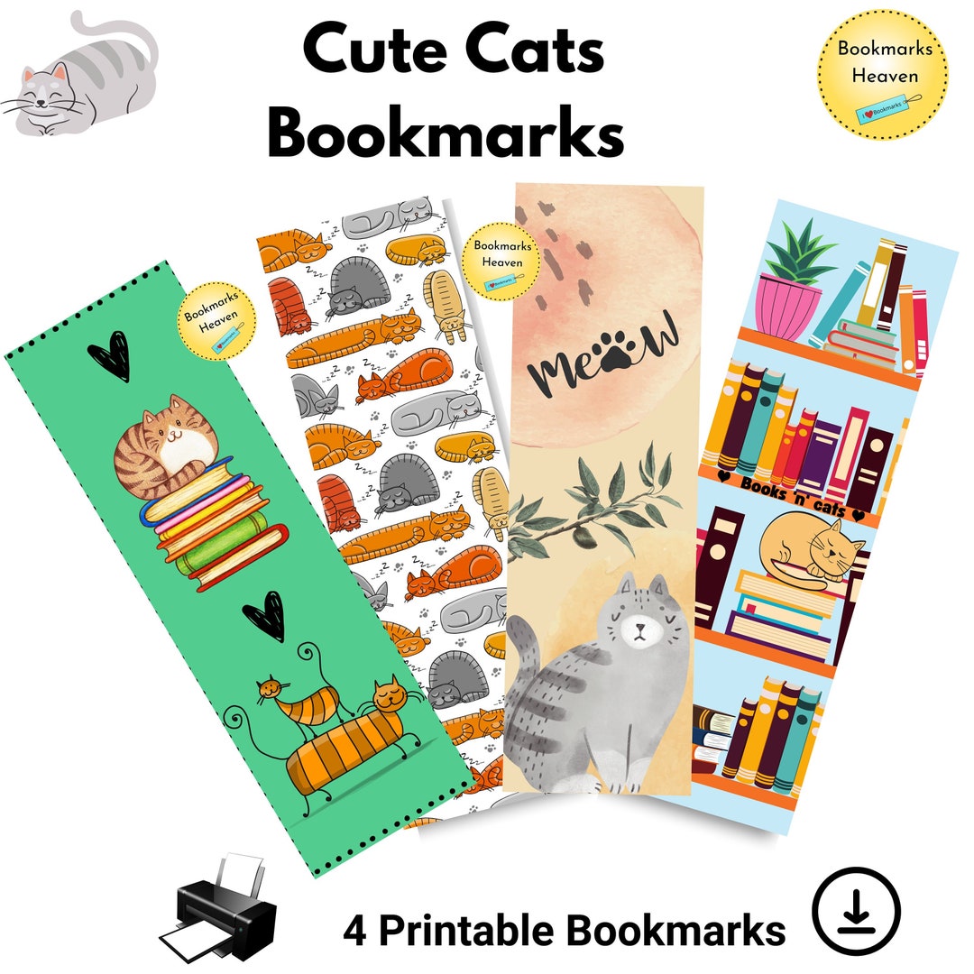Cat Bookmark Set of 4 Printable, Whimsical Cats Bookmarks, Cat Gifts ...