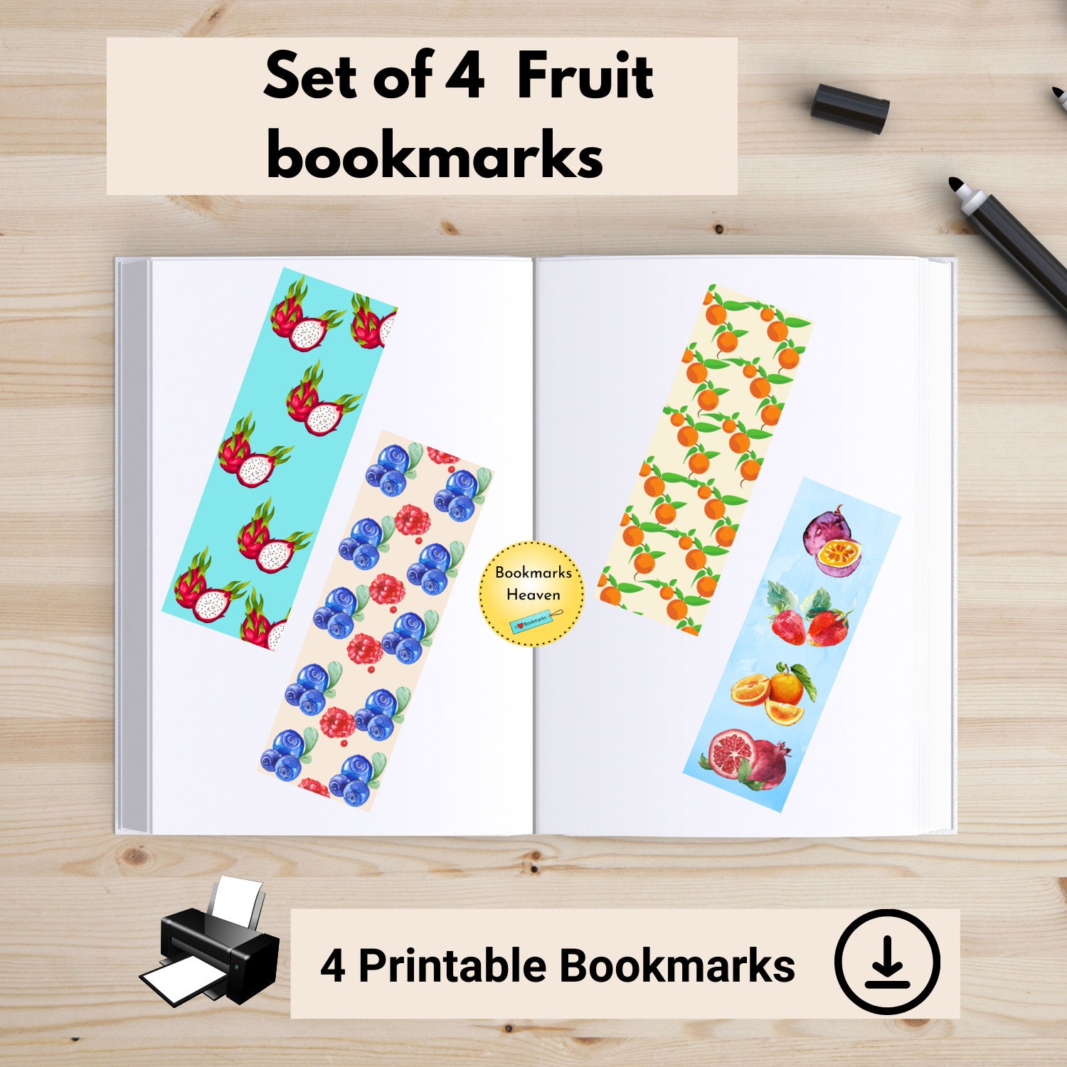 Fun Bookmark Set of 4 Printable, Fruit Bookmarks, Bookclub Gift Ideas ...