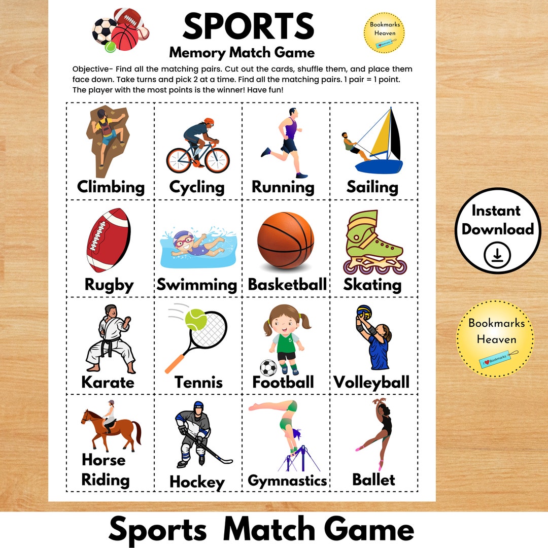 Sports Memory Game, Toddler Printable Game, Sports Game for Kids, Kids ...