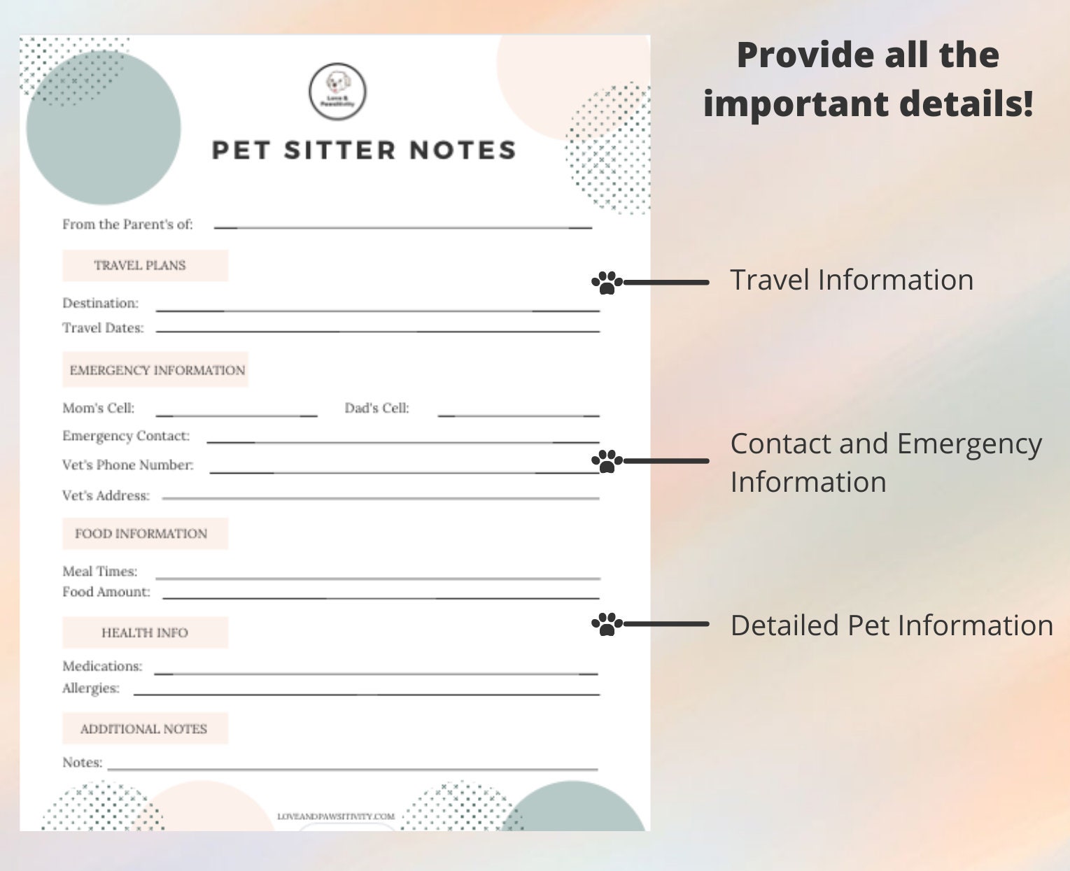 Pet Sitter Notes Printable PDF Instant Download Digital | Etsy