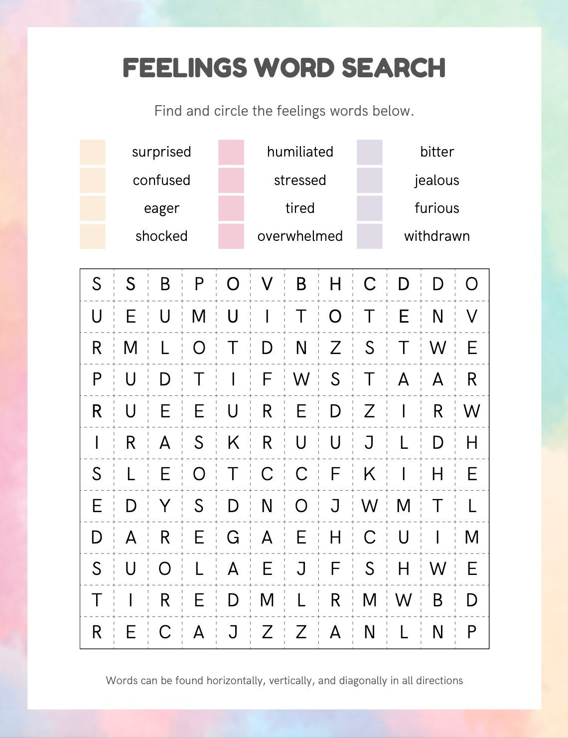 Feelings Word Search - Etsy