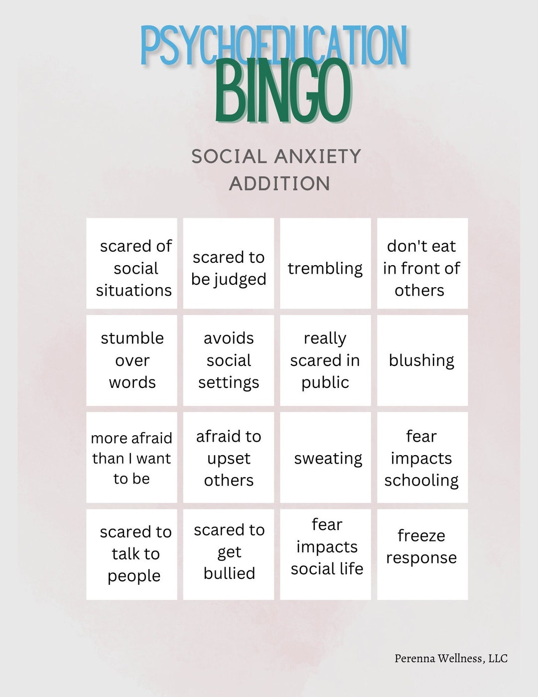 Social Anxiety Symptom Bingo - Etsy