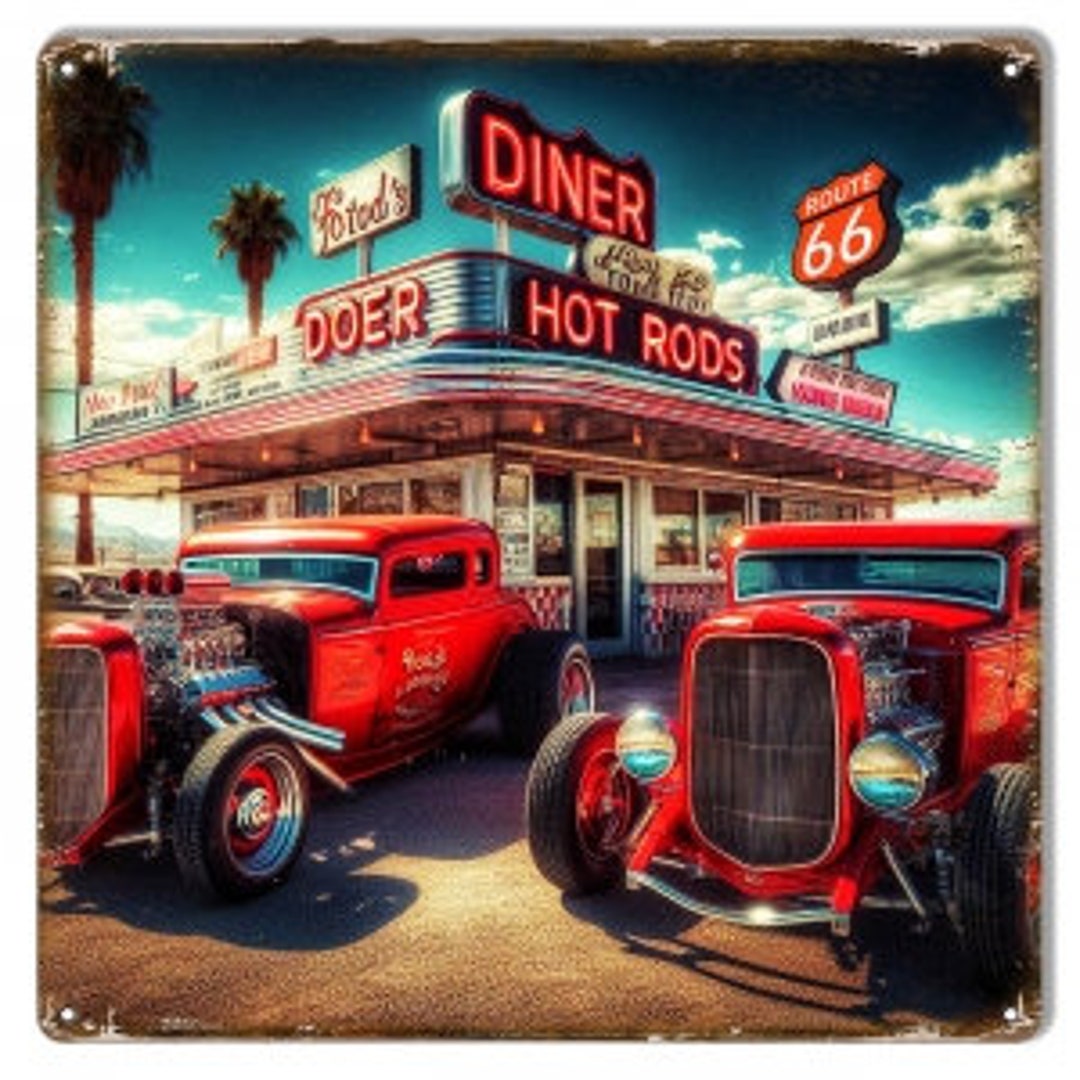 Hot Rod Diner Route 66 12x12 Metal Sign - Etsy
