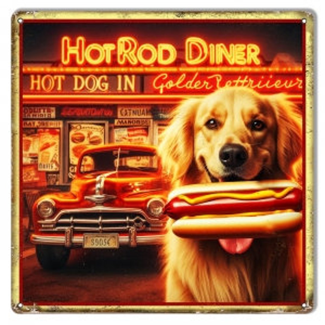 Hot Rod Diner- Golden Retriever With Hot Dog 12"x12" - Etsy