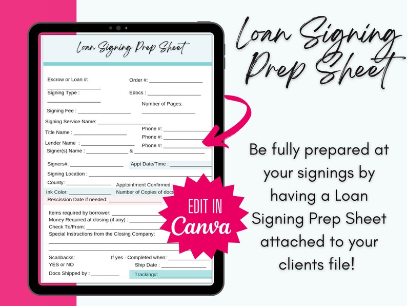 Loan Signing Prep Sheet Notary Printable Notary Tools - Etsy