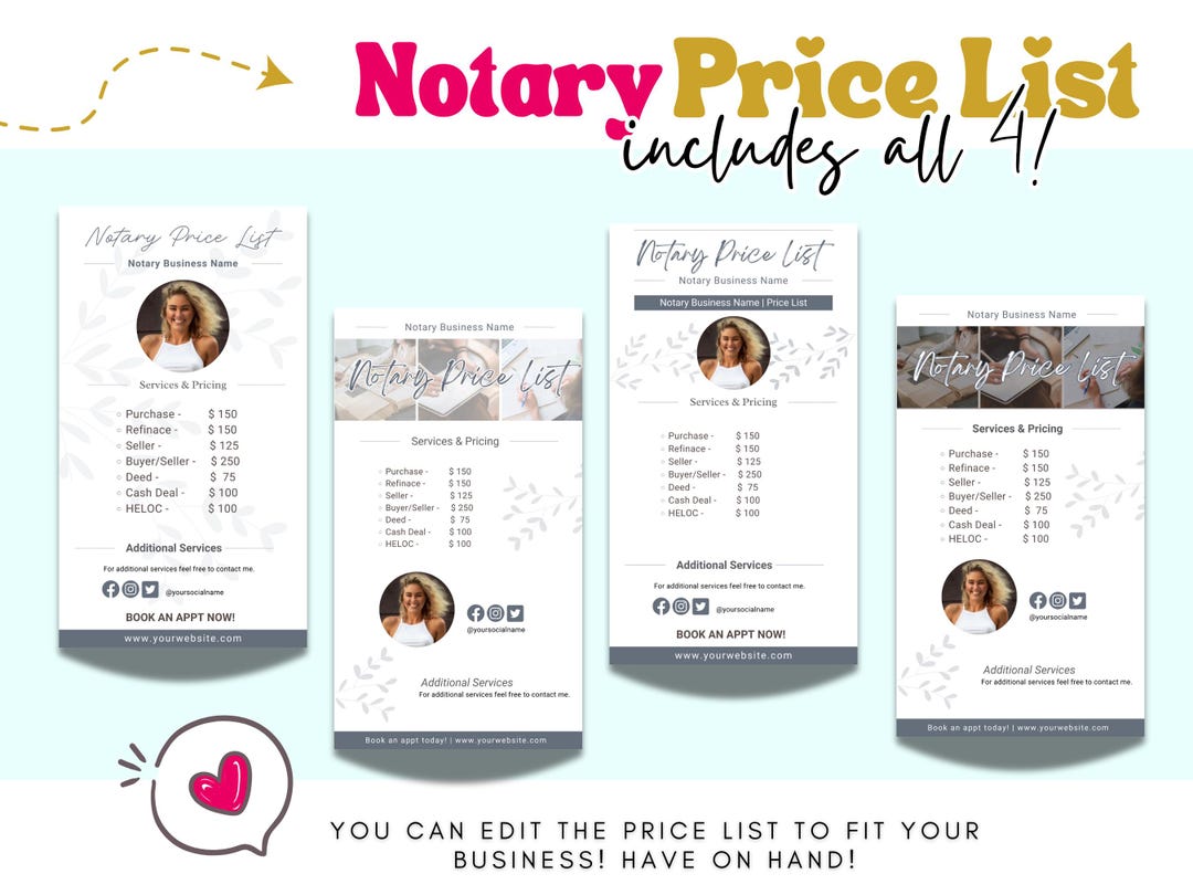 Notary Price List Template: Customizable Canva Design (4 Pack) - Etsy