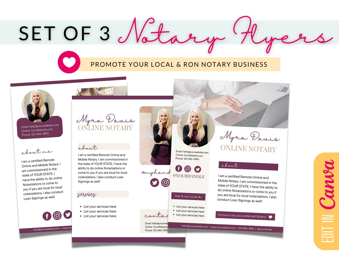 Set of 3 Notary Flyers | Notary Flyer | Editable Notary Flyer | Notary ...