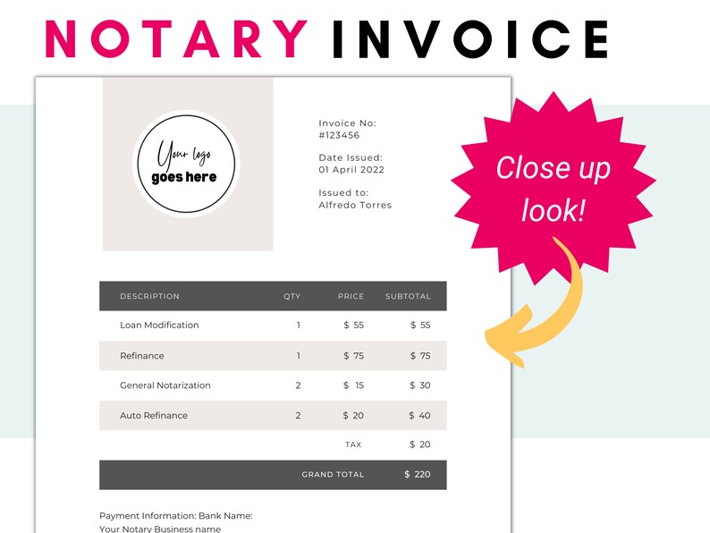 Notary Invoice Editable Notary Invoice Notary Marketing - Etsy