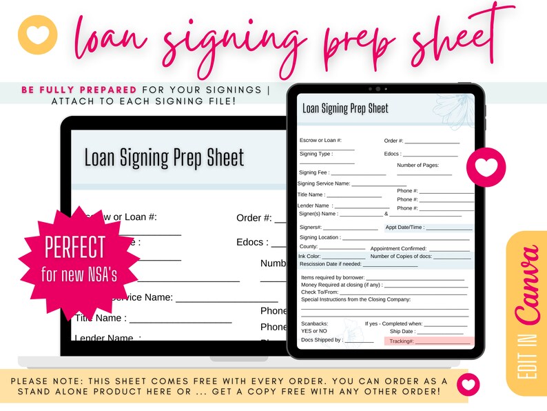 Loan Signing Prep Sheet Notary Printable Notary Tools - Etsy