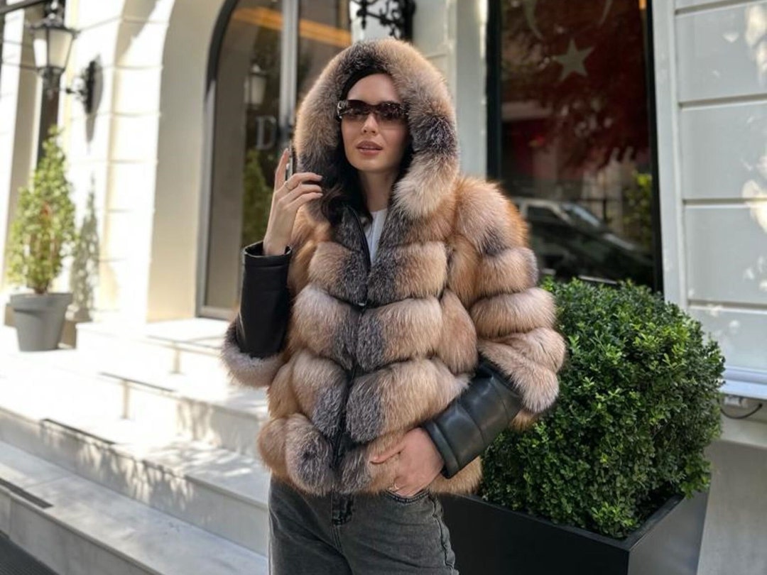 Real Natural Fox Fur Hooded Jacket & Vest With Genuine Leather Details ...