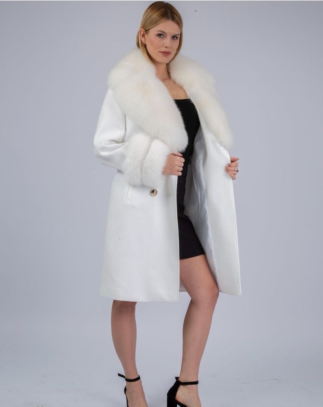 White Wool Coat With Real Fox Fur Collar and Cuffs Cashmere - Etsy