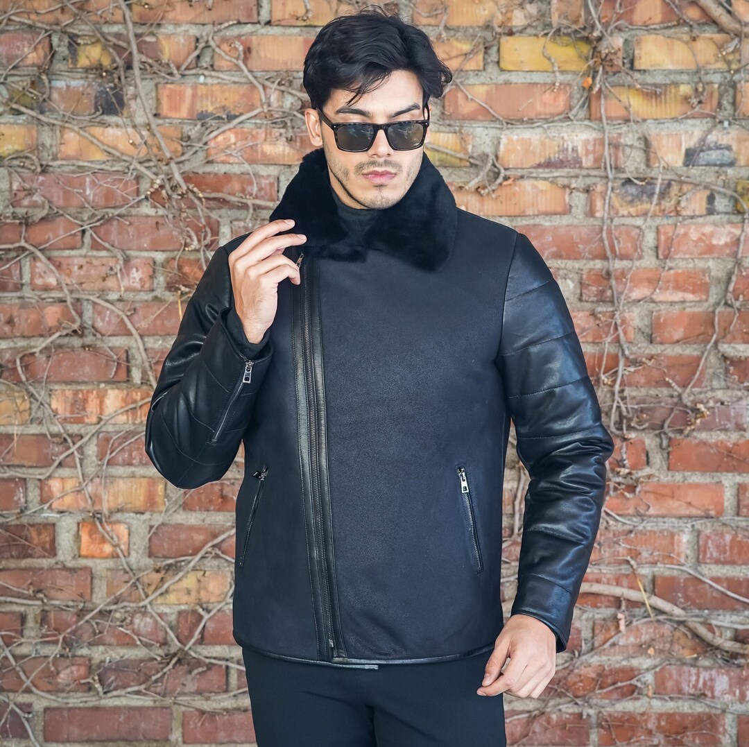 Genuine Fur and Leather Jacket Men, Real Black Leather Shearling Jacket ...