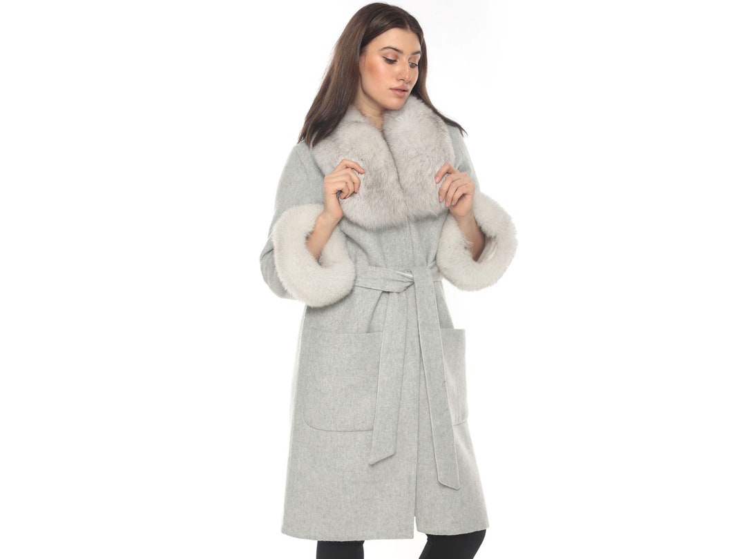 Alpacan Coat Fox Trim & Light Grey Alpaca, Pincess Style, Long Wool ...
