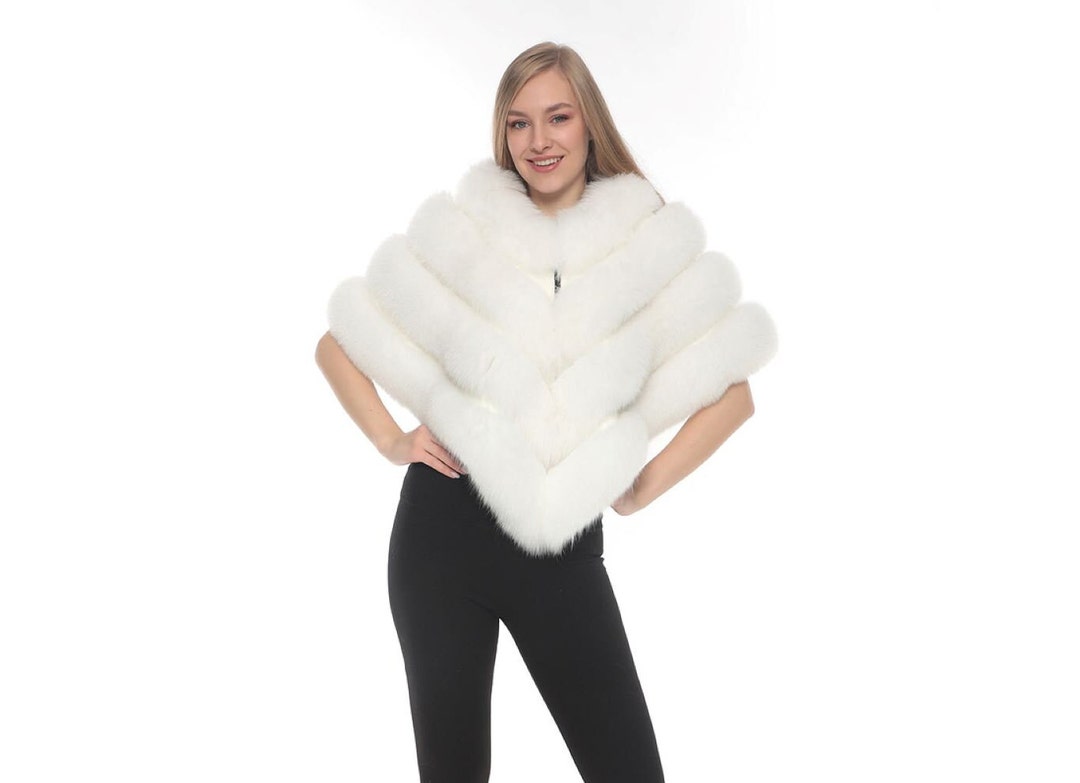 Real White Fox Fur Cape Womens Fur Wrap Stole And 4 Tier Wedding Fur