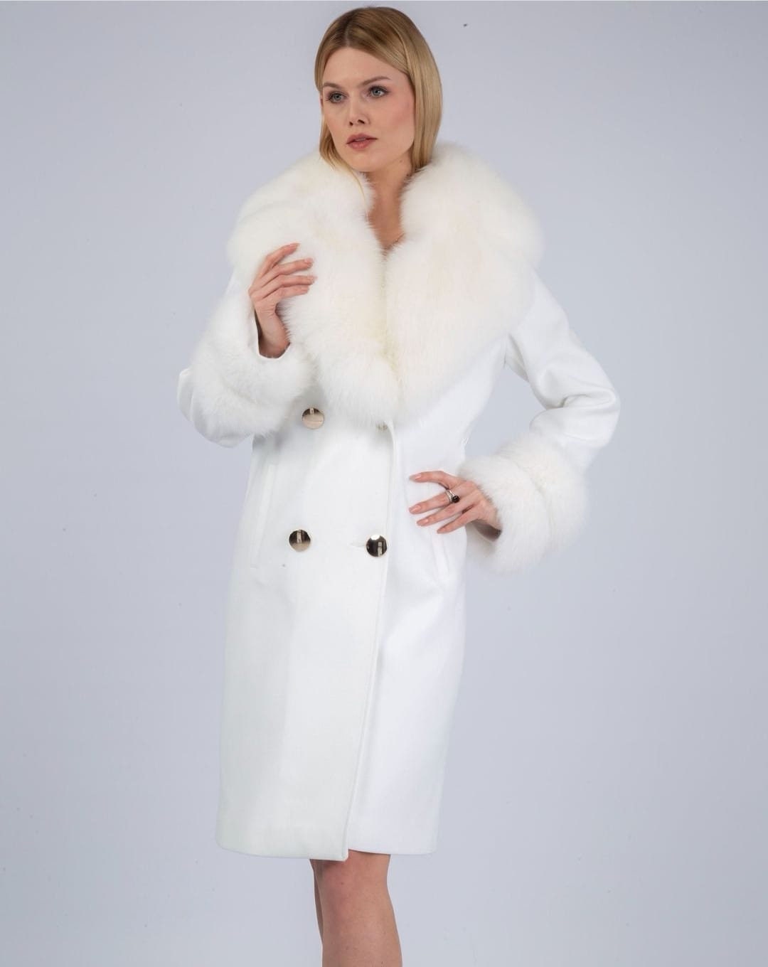 White Wool Coat With Real Fox Fur Collar and Cuffs Cashmere Wool Long ...