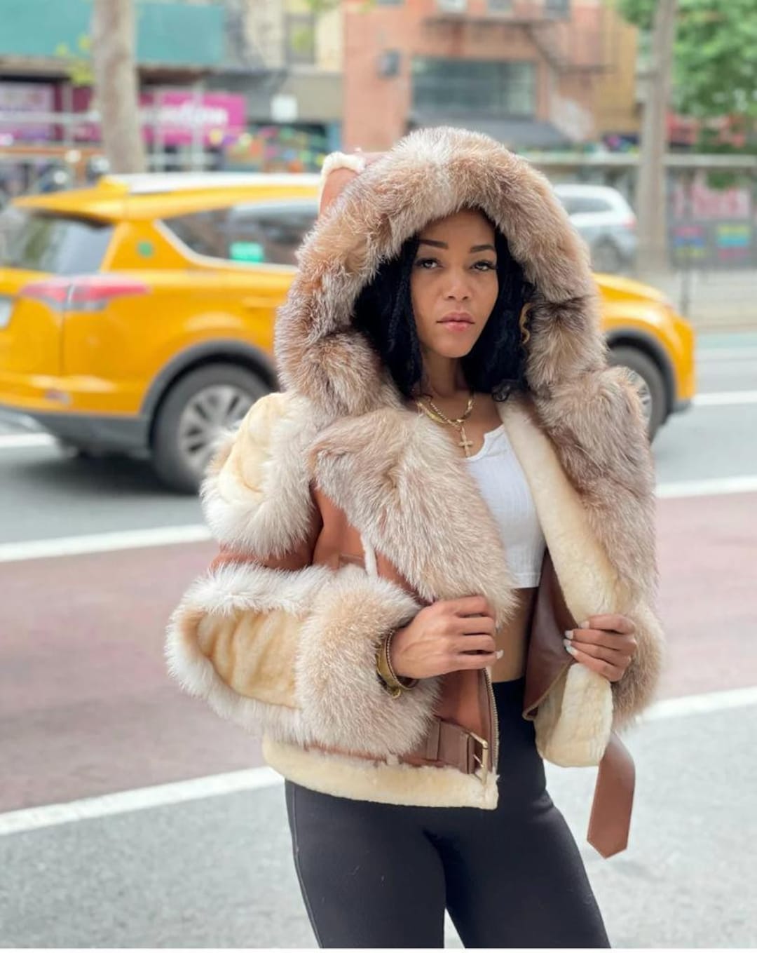 Brown Vintage Soft Lamb Shearling Coat With Brown Fox Fur Collar Hood ...