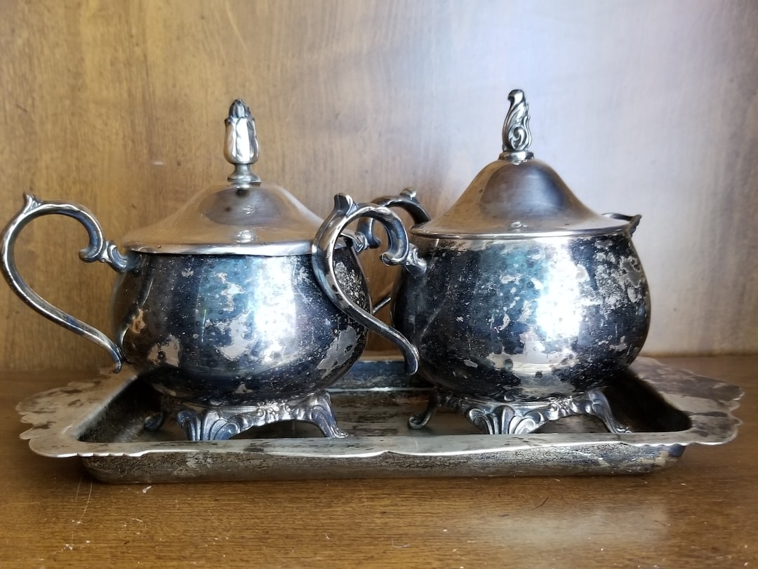 Beautifully Tarnished Silver Plate Cream and Sugar Set With Tray ...