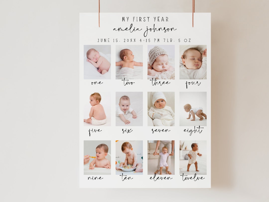 Baby's First Year Photo Poster, First Birthday Photo Sign Template ...