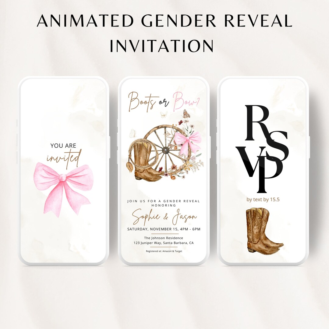 Animated GENDER REVEAL Invitation, Boots or Bow Gender Reveal Invite ...