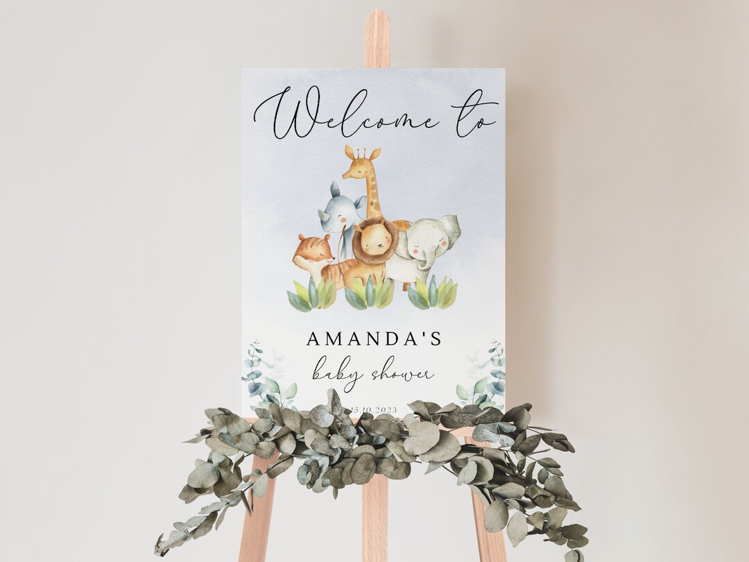 Safari Welcome Sign, Jungle Poster, Greenery Safari Animals Baby Shower ...