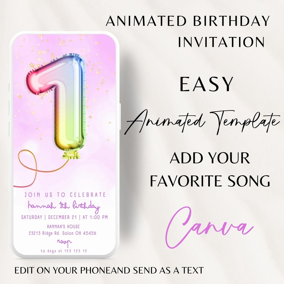 Animated Editable Pink 1st Birthday Invitation Template Glitter ...