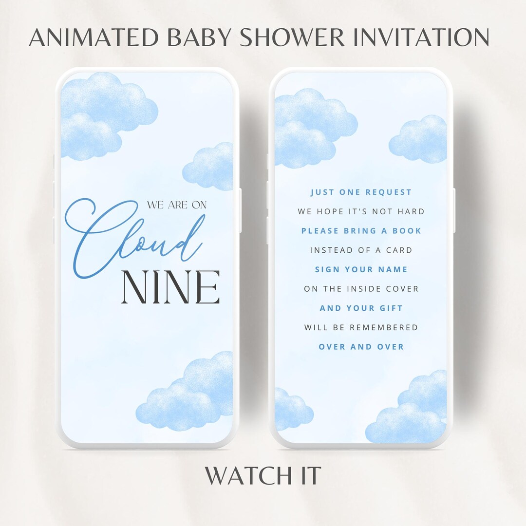 Animated Modern Cloud 9 Baby Shower Invitation Template, We're on Cloud Nine, Boy Blue Cloud ...