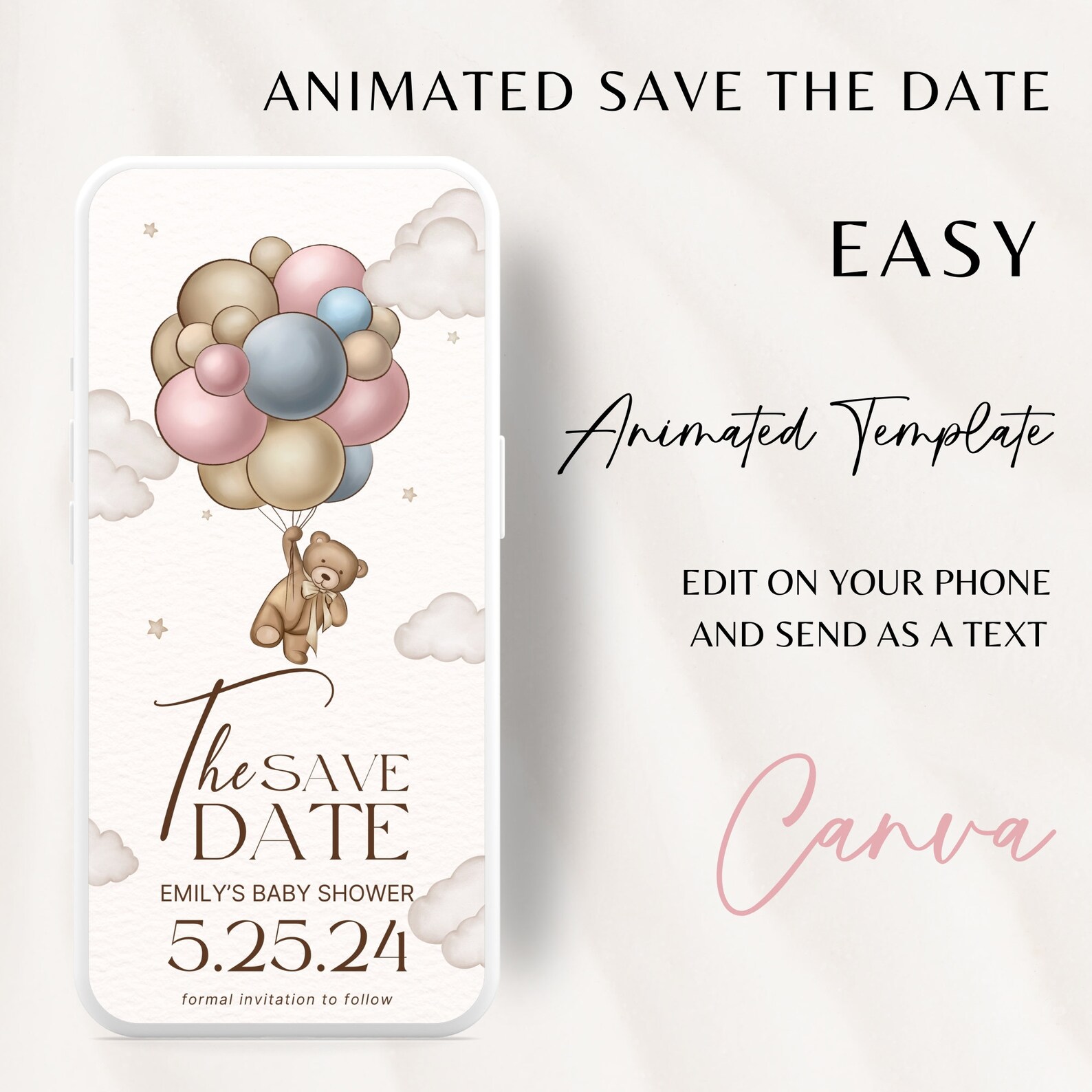 Animated Save the Date Baby Shower Teddy Bear Baby Shower, Boho Save ...
