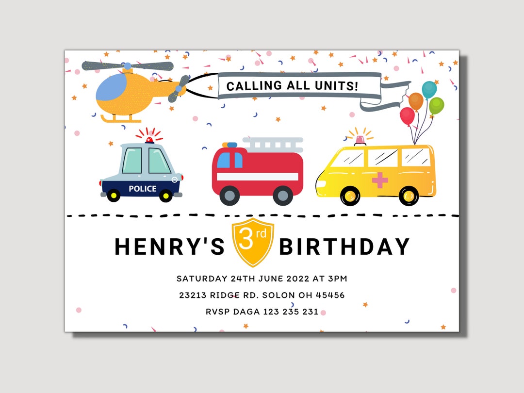 Calling All Units Birthday Invitation, Police Car Birthday Invitation ...