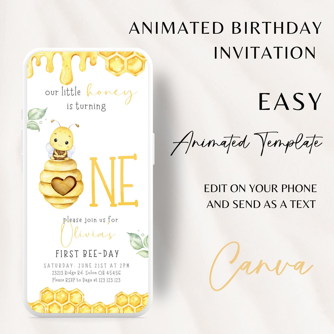 Animated Bee Birthday Invitation, Bee 1st Birthday Invite, 1st Bee Day ...