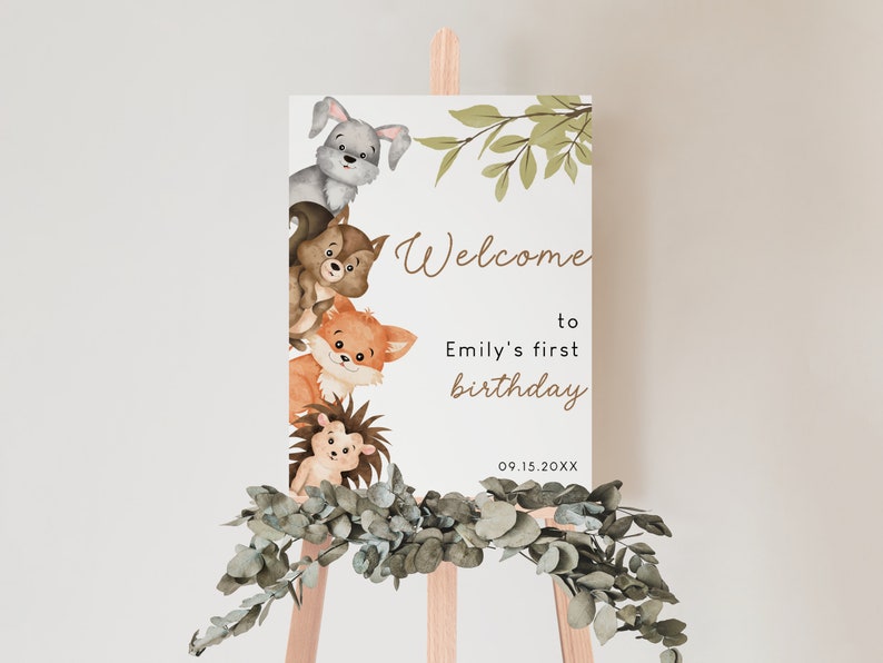 Woodland Animals Birthday Milestone Sign, First Birthday Stats Poster ...