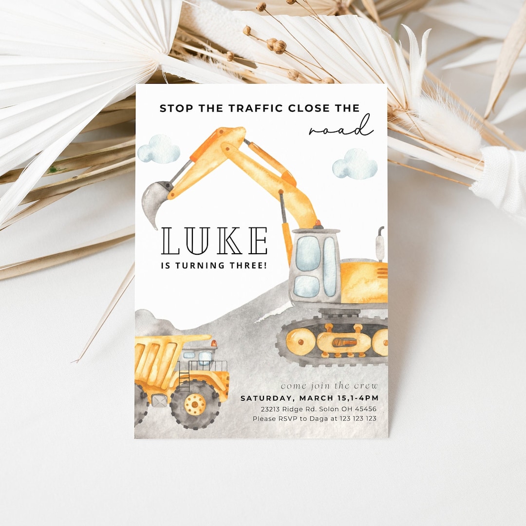 Construction 3rd Birthday Invitation, Excavator Truck Party Invite ...