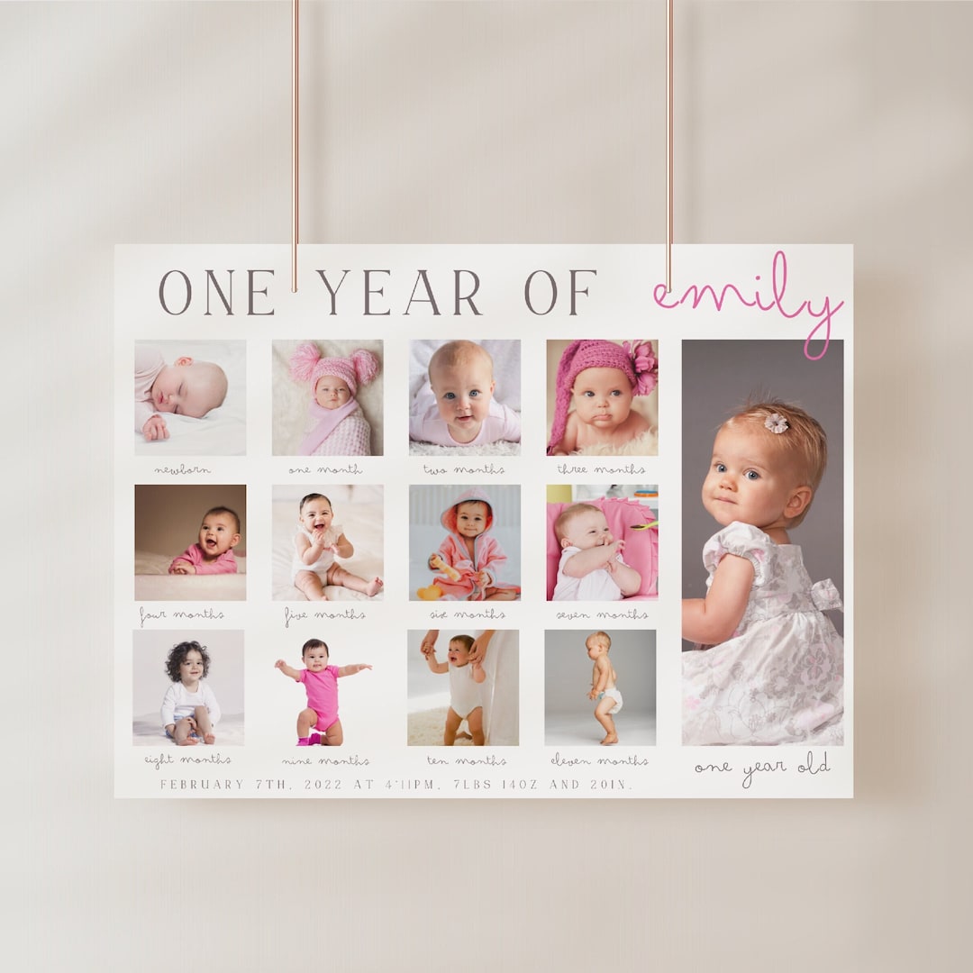 Baby's First Year Photo Poster, First Birthday Photo Sign Template ...