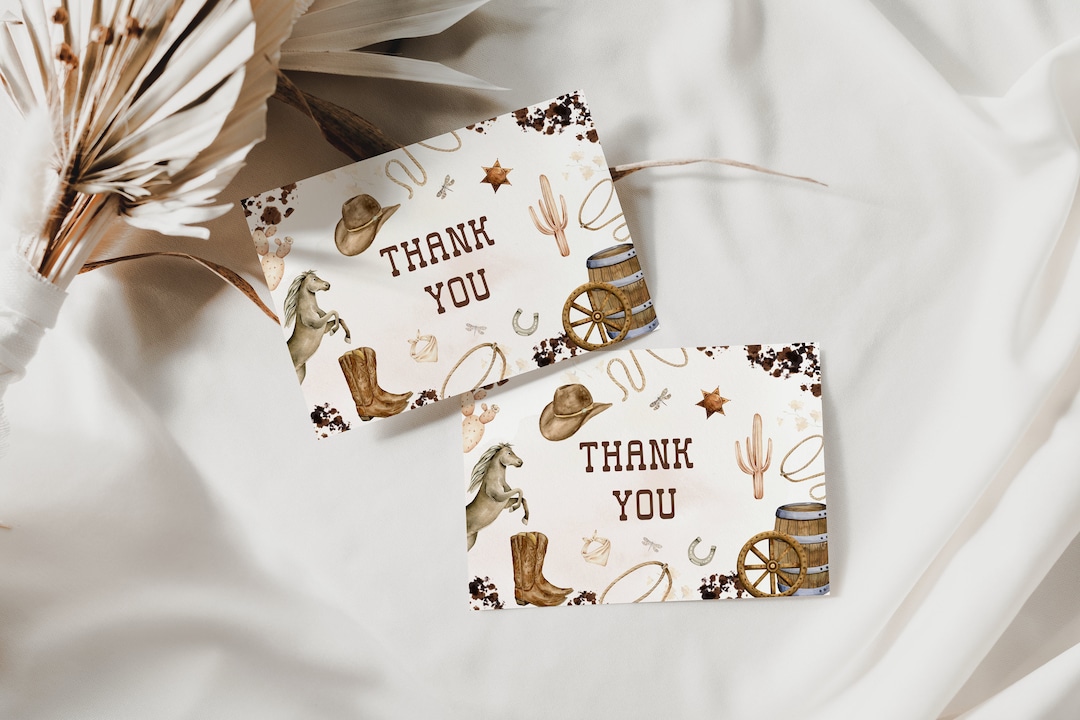 Western Thank You Card Template, Boho Cowboy Birthday Printable Thank ...