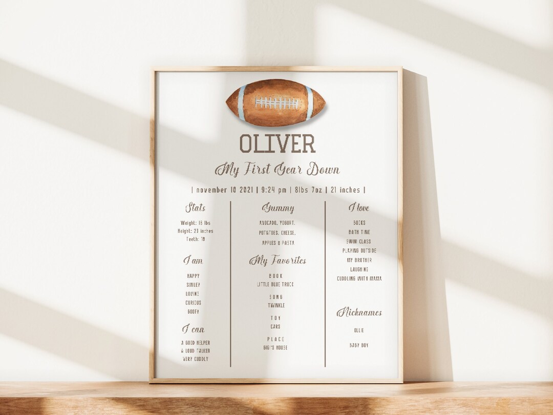 Football Milestone Sign, 1st Birthday Stats Poster, First Year Party ...