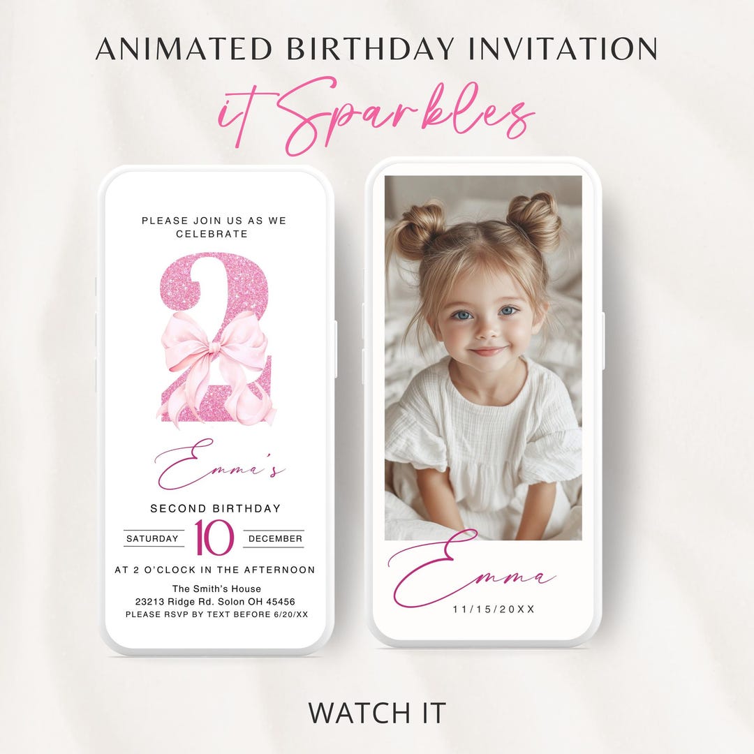 Animated Pink Bow 2nd Birthday Invitation Our Little is Turning Two ...