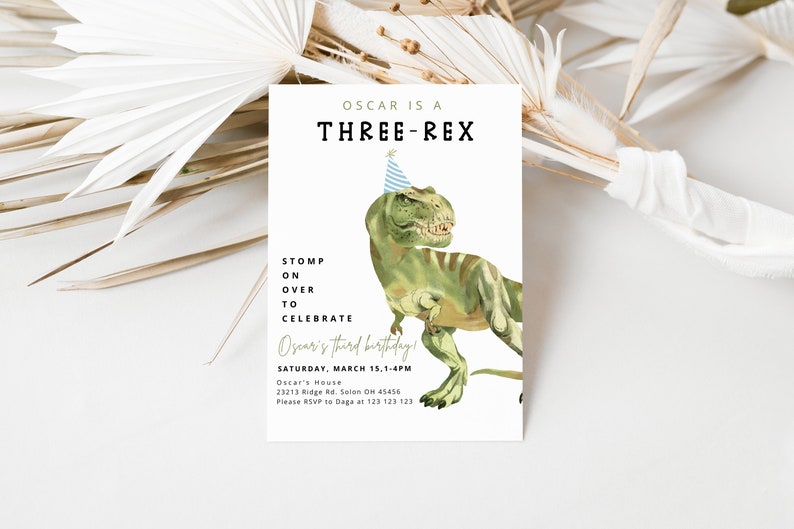 Invitación Three-Rex, Invitación de cumpleaños de dinosaurio editable ...